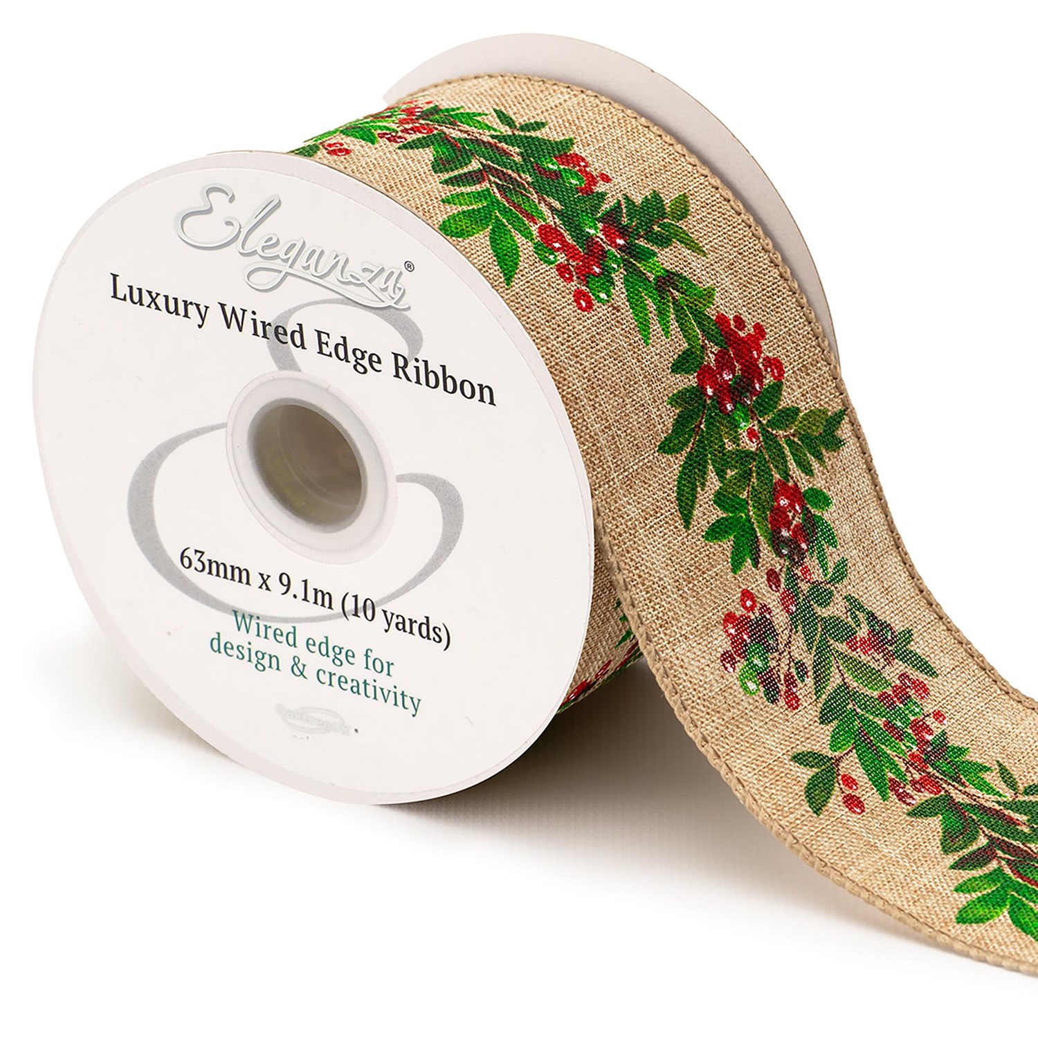 Christmas Floristry Ribbon Red Berries & Foliage 63mm | Wholesale Dutch ...